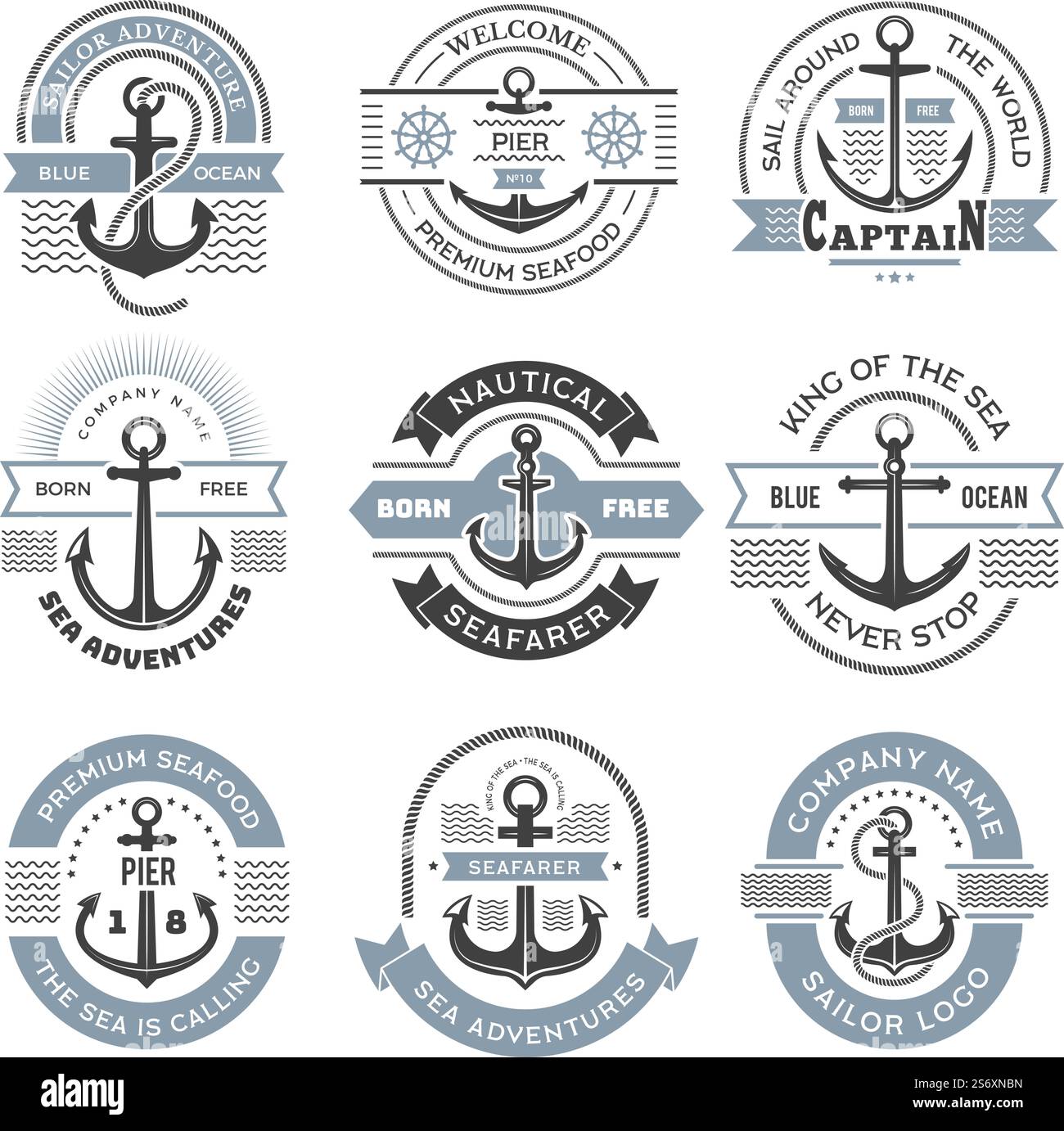 Nautical logo. Marine labels with anchors symbols for ocean exploration ...