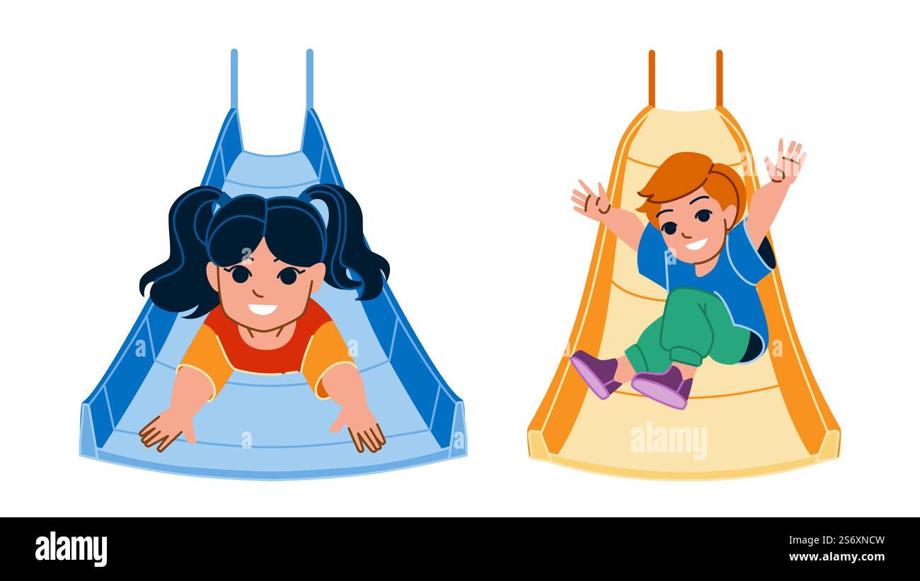 kid slide vector. playground boy girl, happy toddler play, family park ...