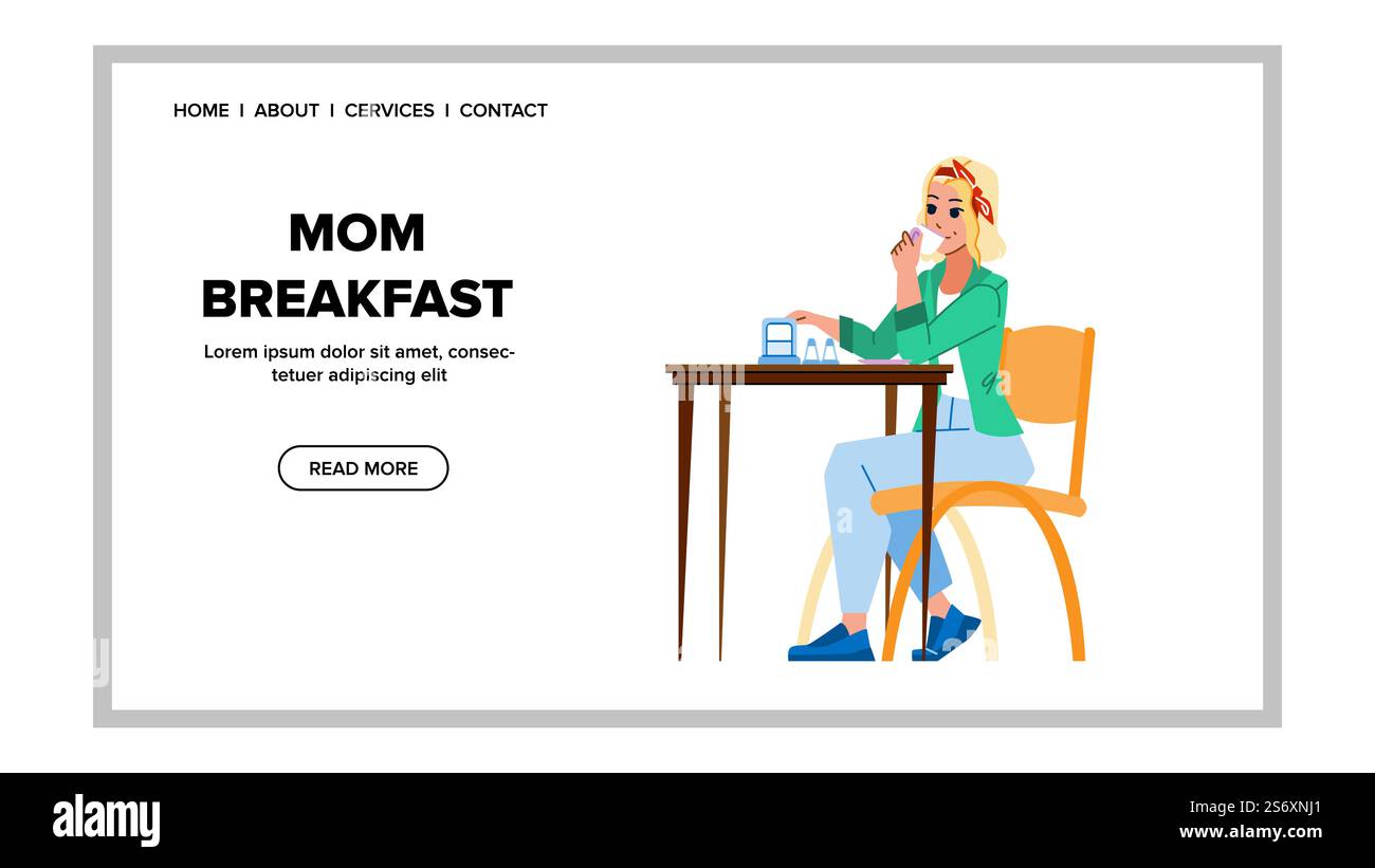 mom breakfast vector. mother kid family, happy daughter, home kitchen ...