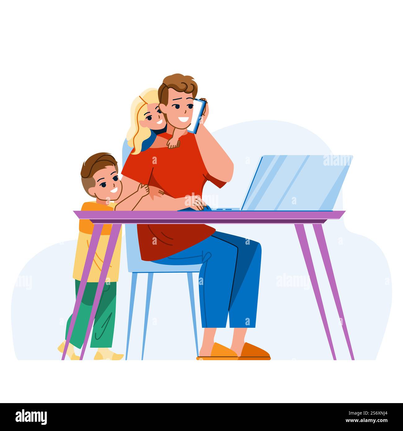 home work stress father vector. family office, dadd man and child, busy ...