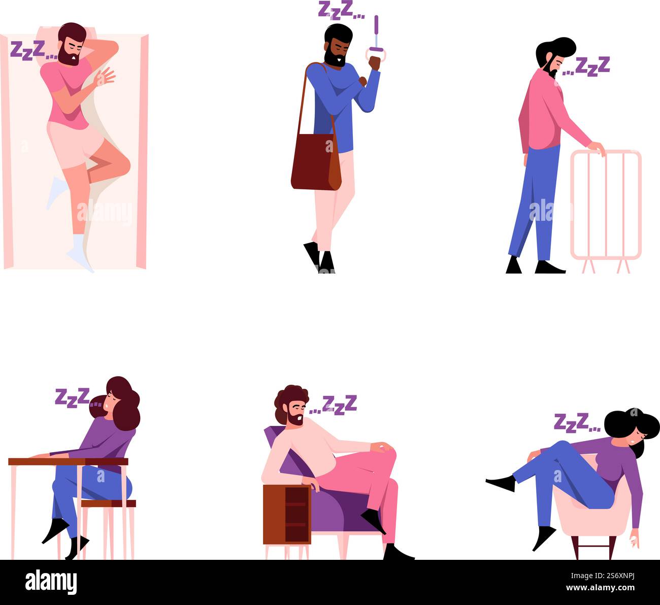 Sleeping people. Tired persons in transport sleeping gestures lazy characters on pillow in ...