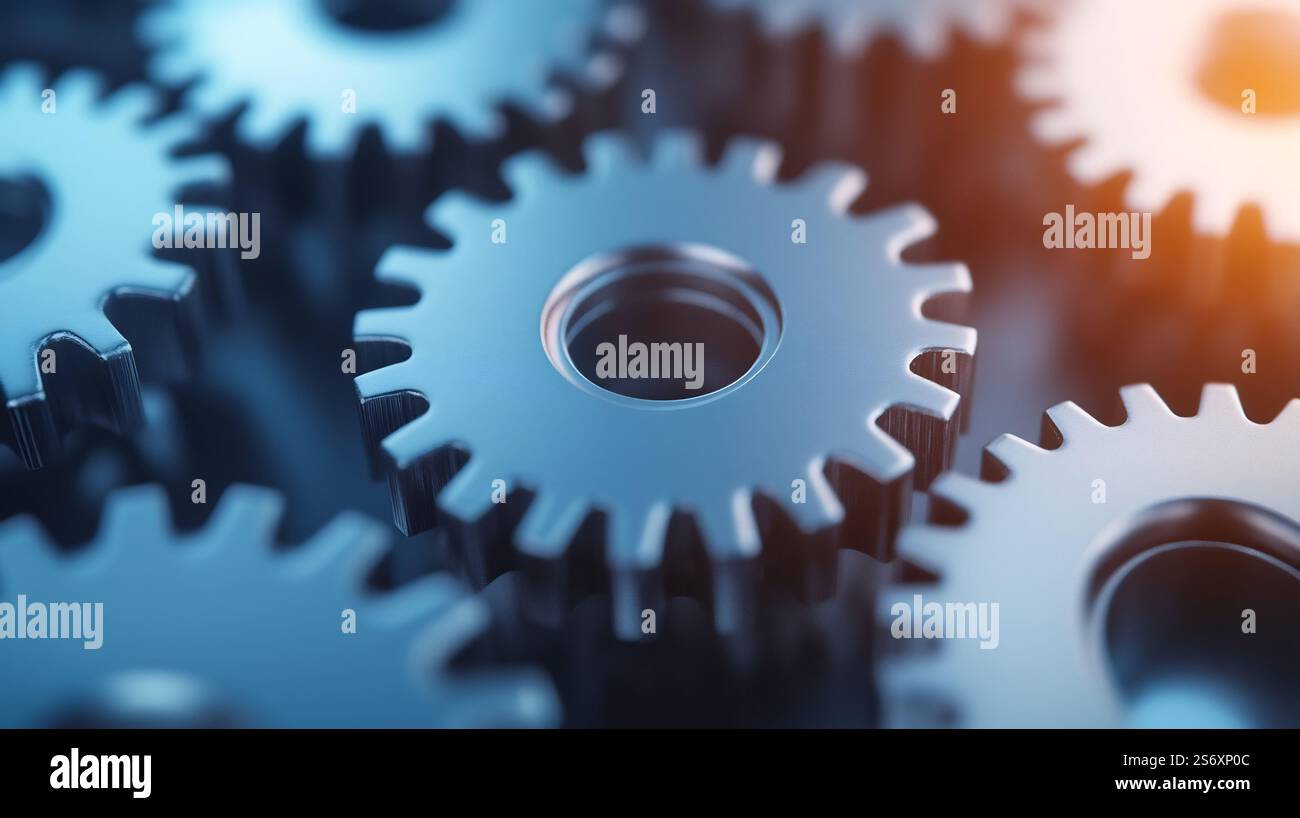 Sleek modular metallic gears and cogs interlocking together,symbolizing ...