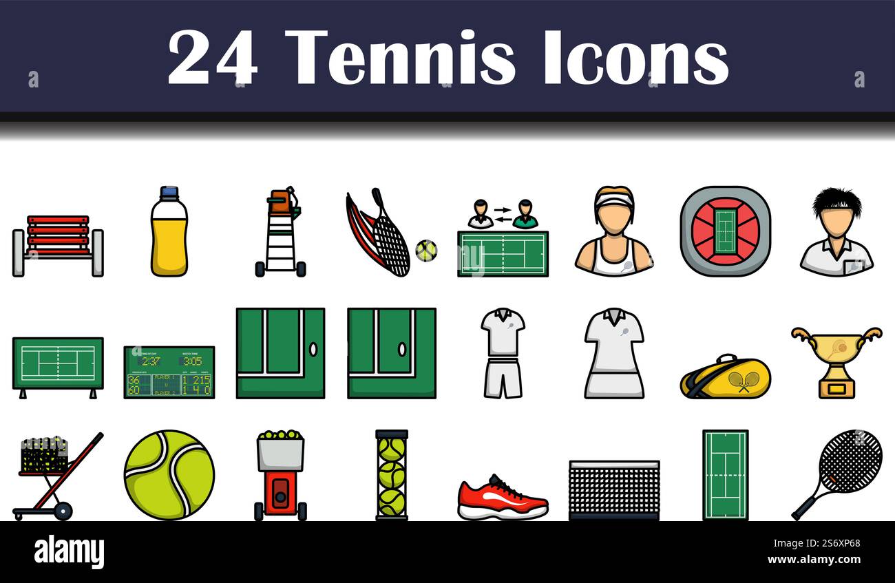 Tennis Icon Set. Editable Bold Outline With Color Fill Design. Vector ...