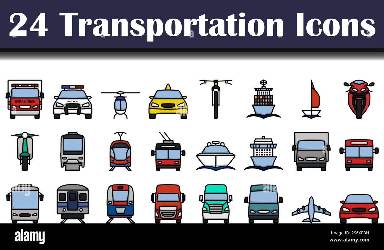 Transportation Icon Set. Editable Bold Outline With Color Fill Design ...