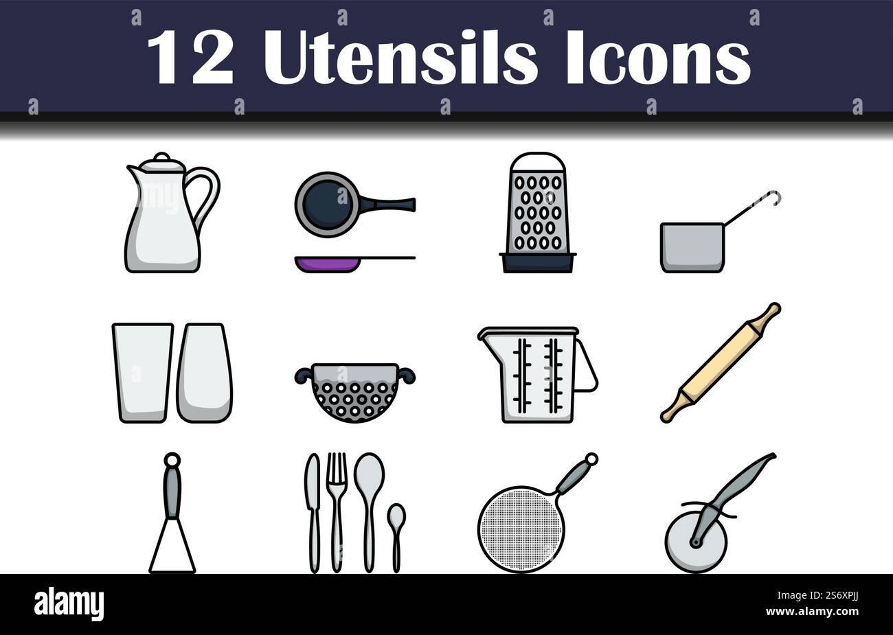Utensils Icon Set. Editable Bold Outline With Color Fill Design. Vector ...