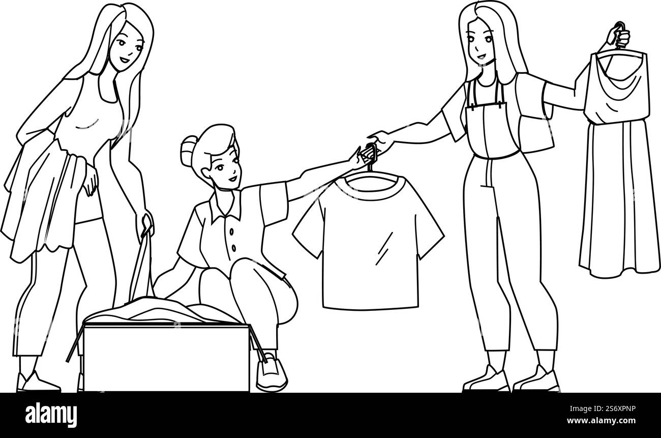 Clothes Swap Party Enjoying Young Women Vector. Girls Resting On Swap ...