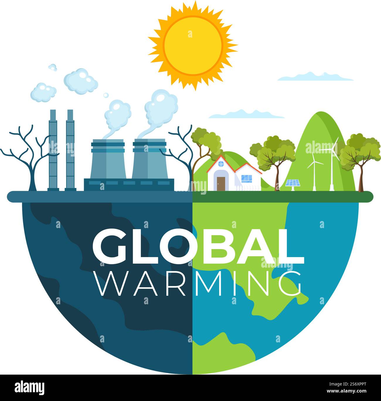 Global Warming Cartoon Style Illustration with Planet Earth in a Melting or Burning State and ...