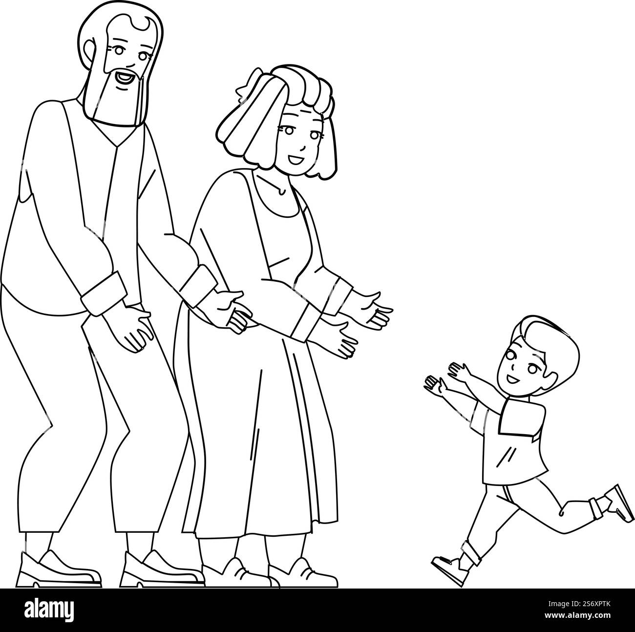 Grandparents Visit Grandchildren Family Vector. Happy Grandfather and ...