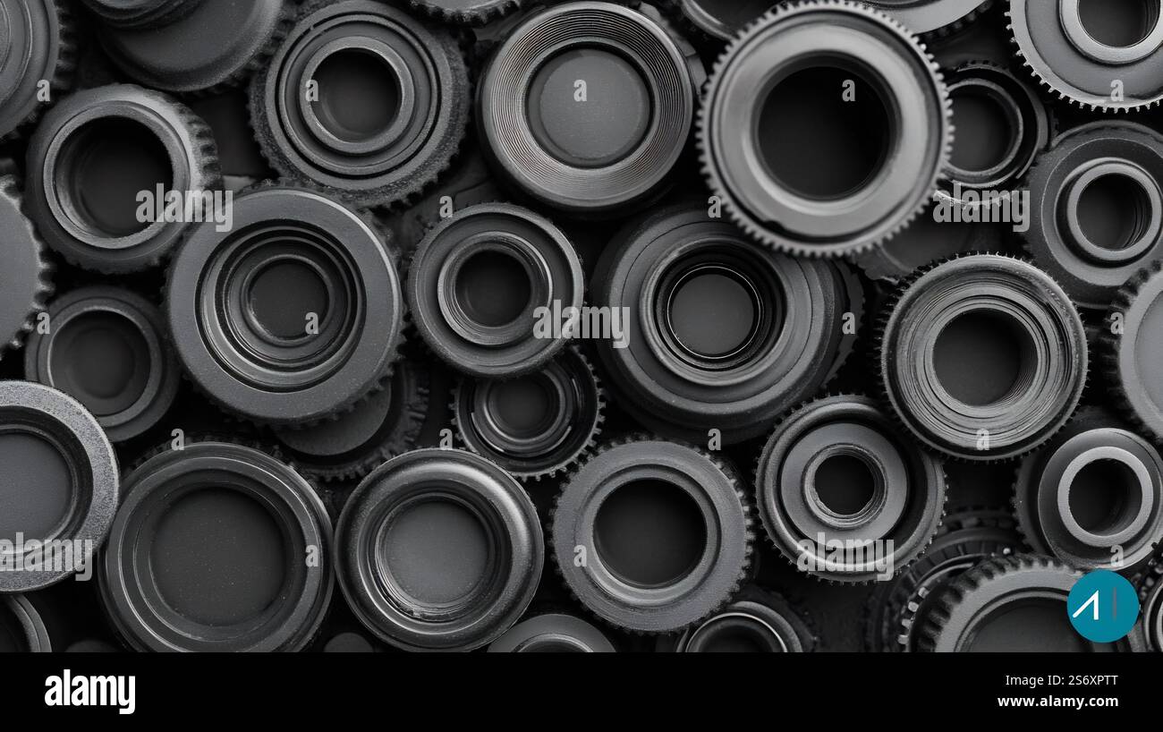 Grayscale abstract composition featuring various mechanical shapes and ...