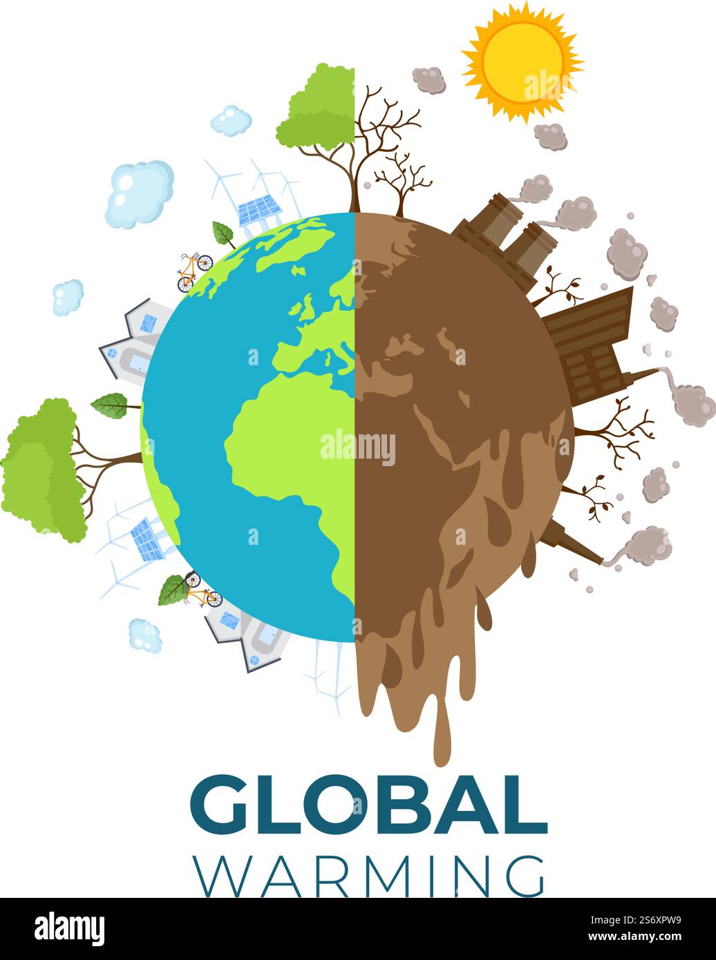 Global Warming Cartoon Style Illustration with Planet Earth in a Melting or Burning State and ...