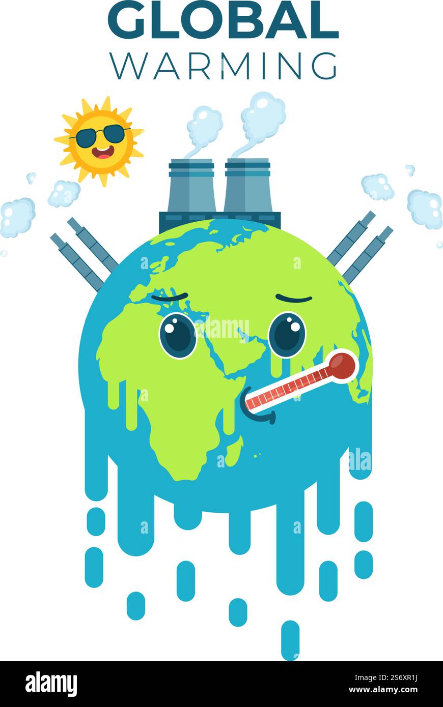Global Warming Cartoon Style Illustration with Planet Earth in a Melting or Burning State and ...