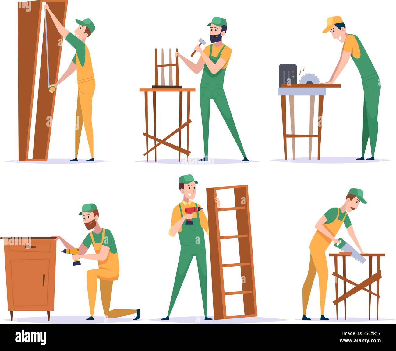 Installing furniture. Wooden manufacture service workers building ...