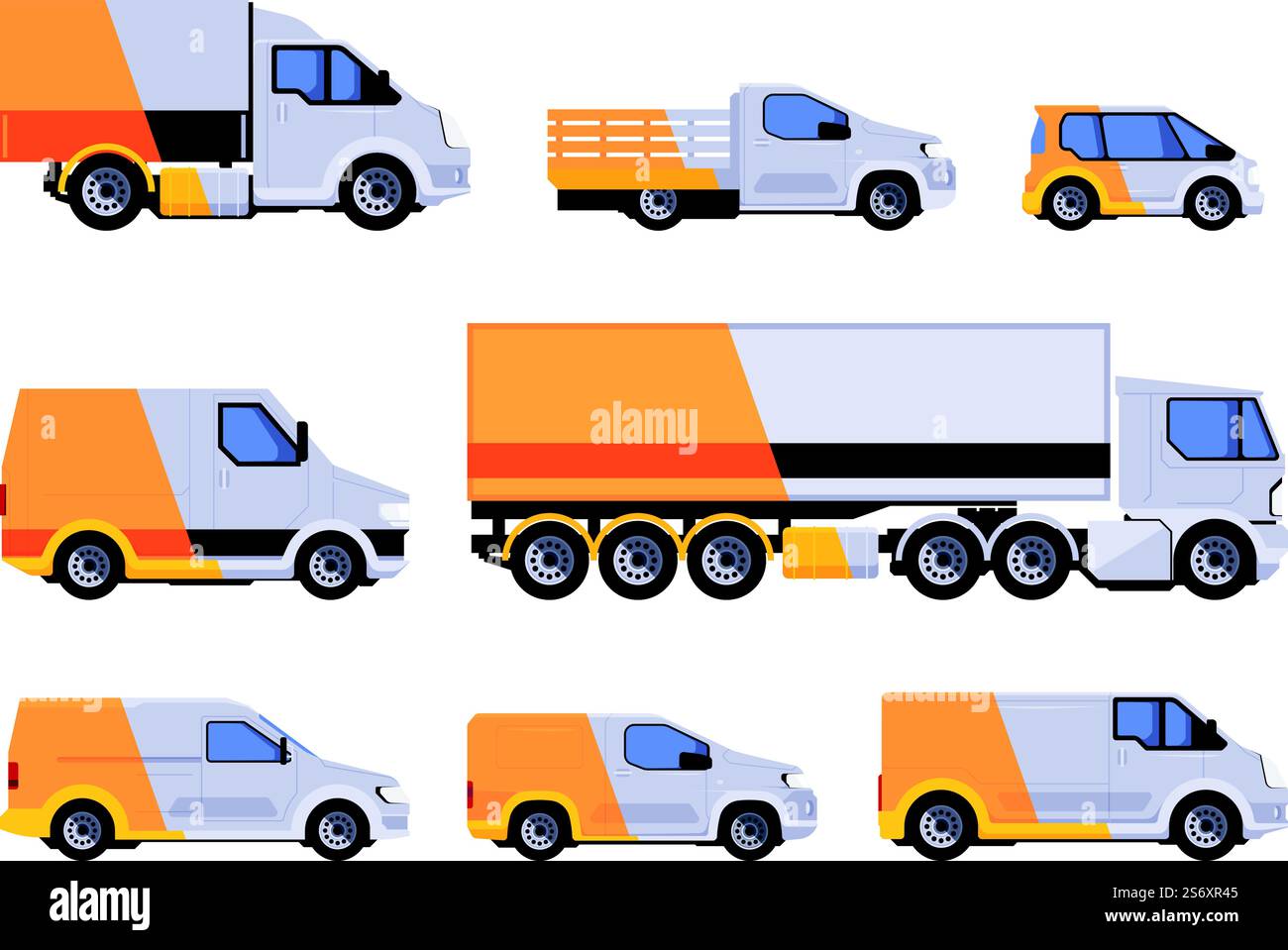 Delivery service. Vehicles yellow cars trucks and vans for post letters ...