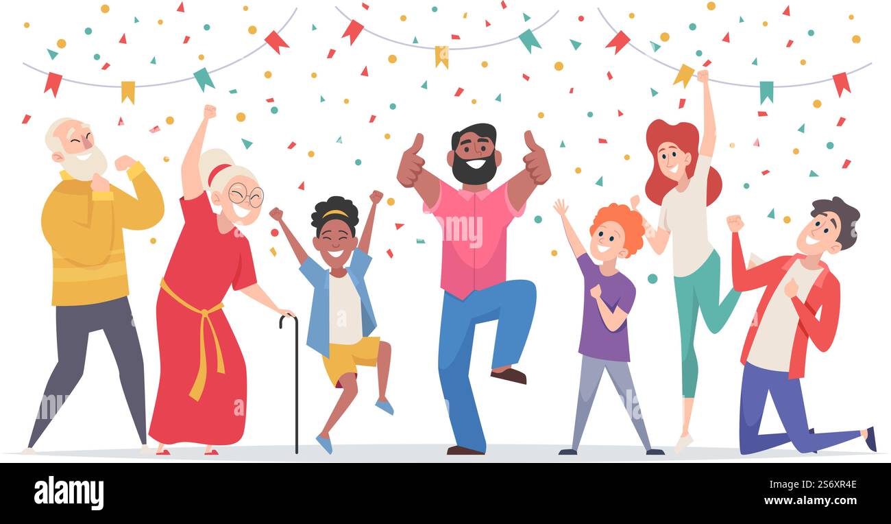 Winners people. Happy characters successful excited team jumping and ...