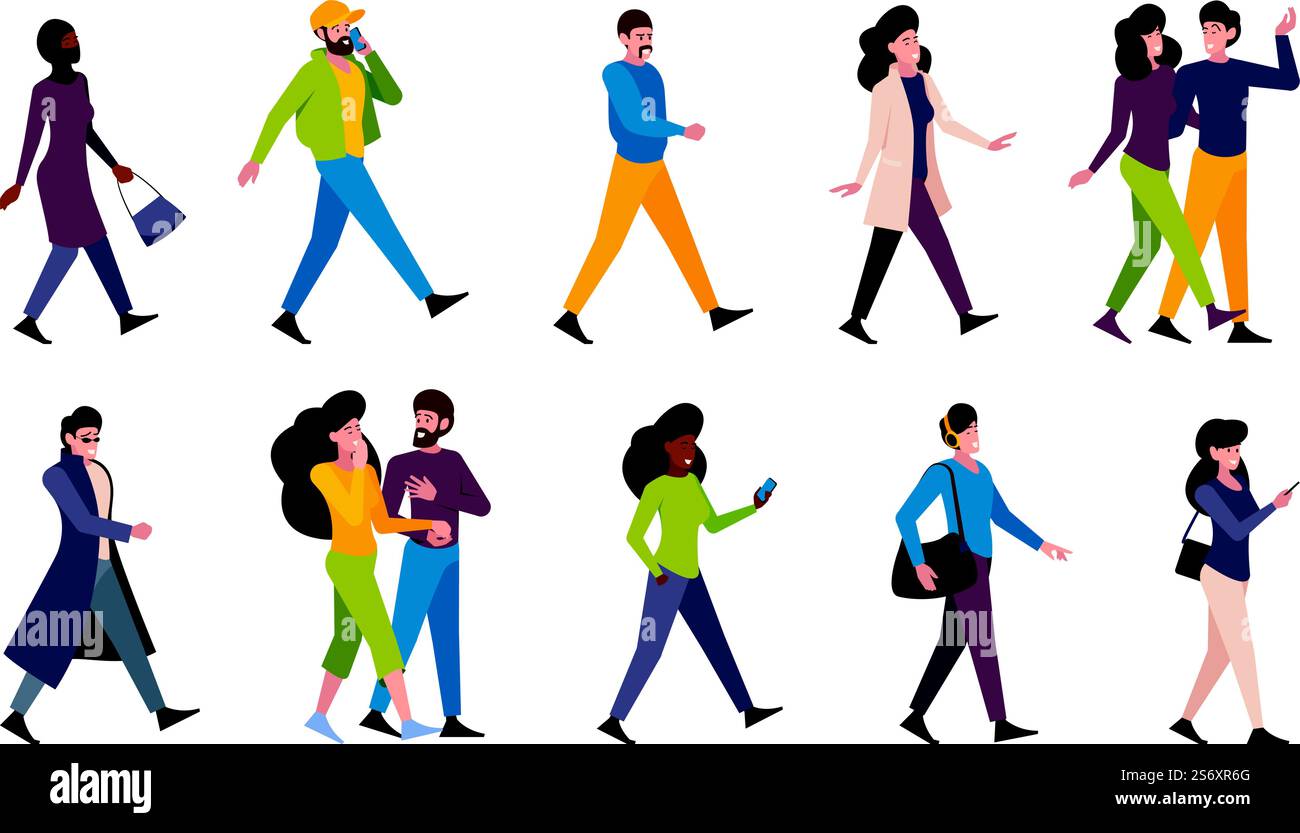 Walking people. Outdoor characters male and female happy couples ...