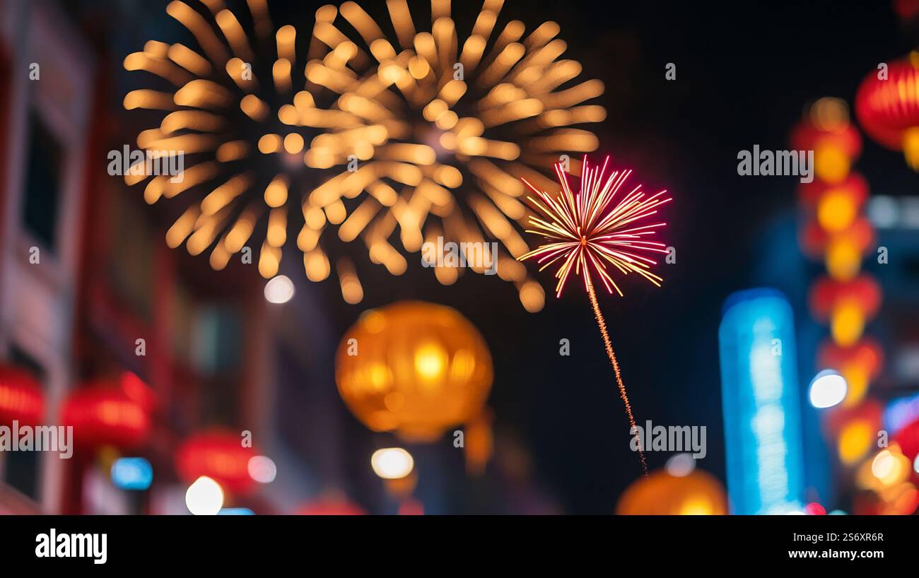Vibrant and colorful fireworks bursting in the night sky,lighting up a ...