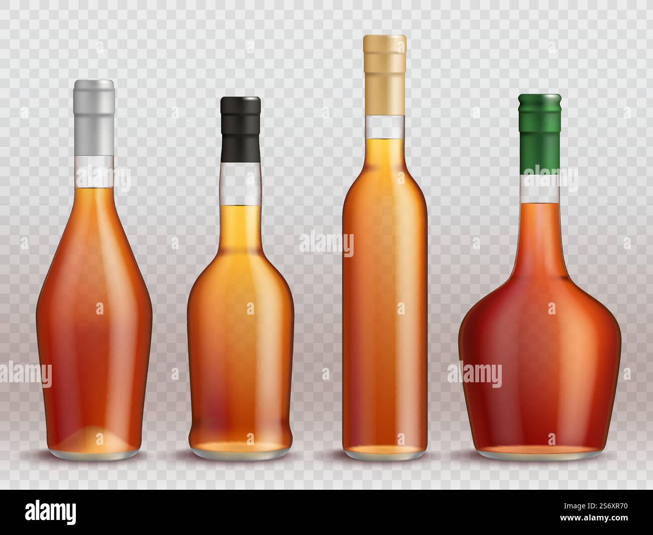 Cognac bottles. Realistic containers for liquid alcohol drinks liquor whiskey brandy tequila ...