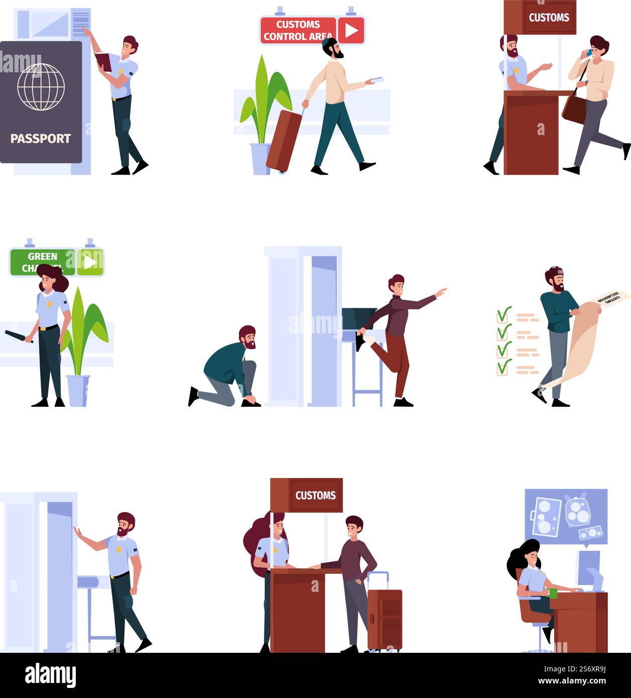 Customs control. Metal detector gate police airport officers scanners ...