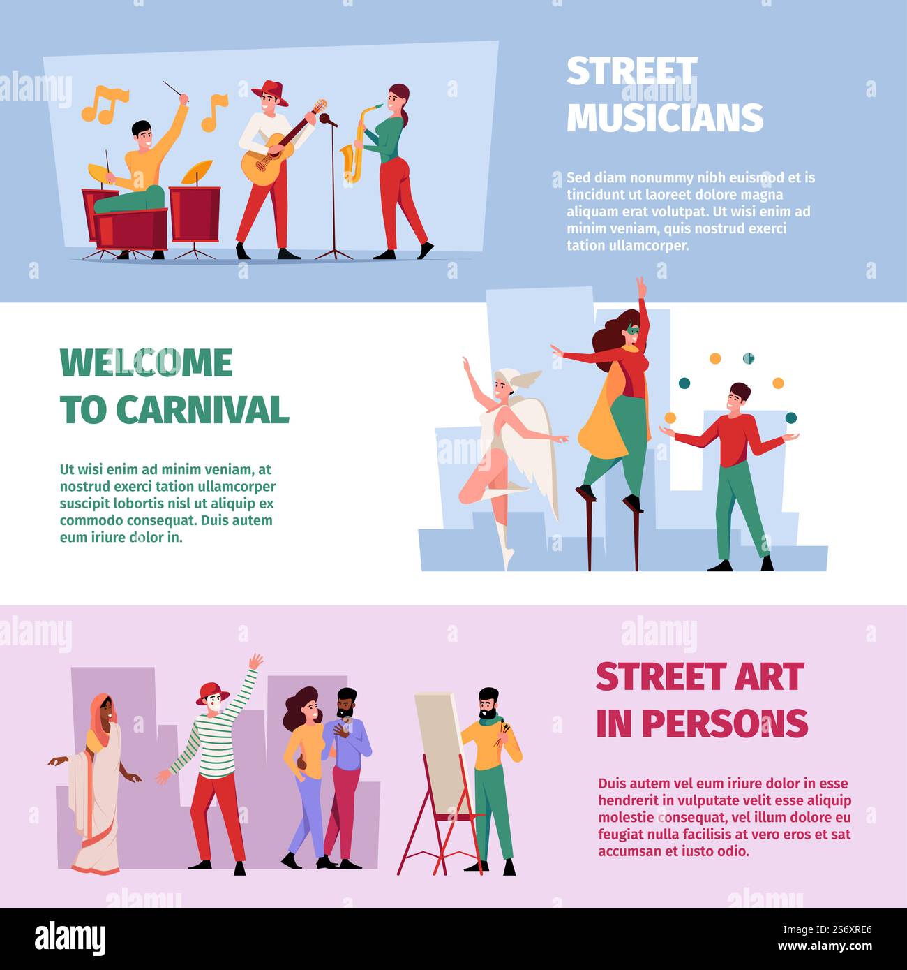 Street artists. Horizontal banners with outdoor urban performance ...