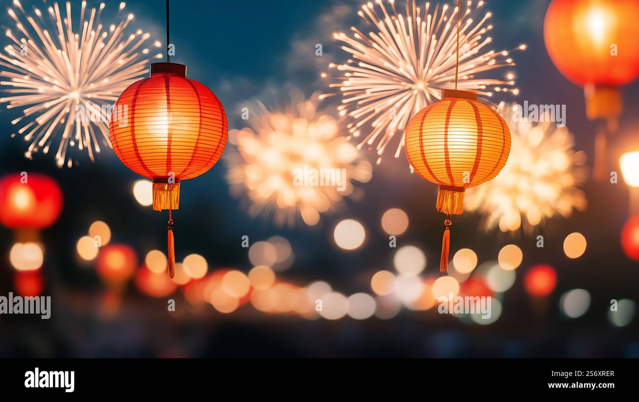 Glowing Chinese lanterns and vivid,colorful fireworks display lighting ...