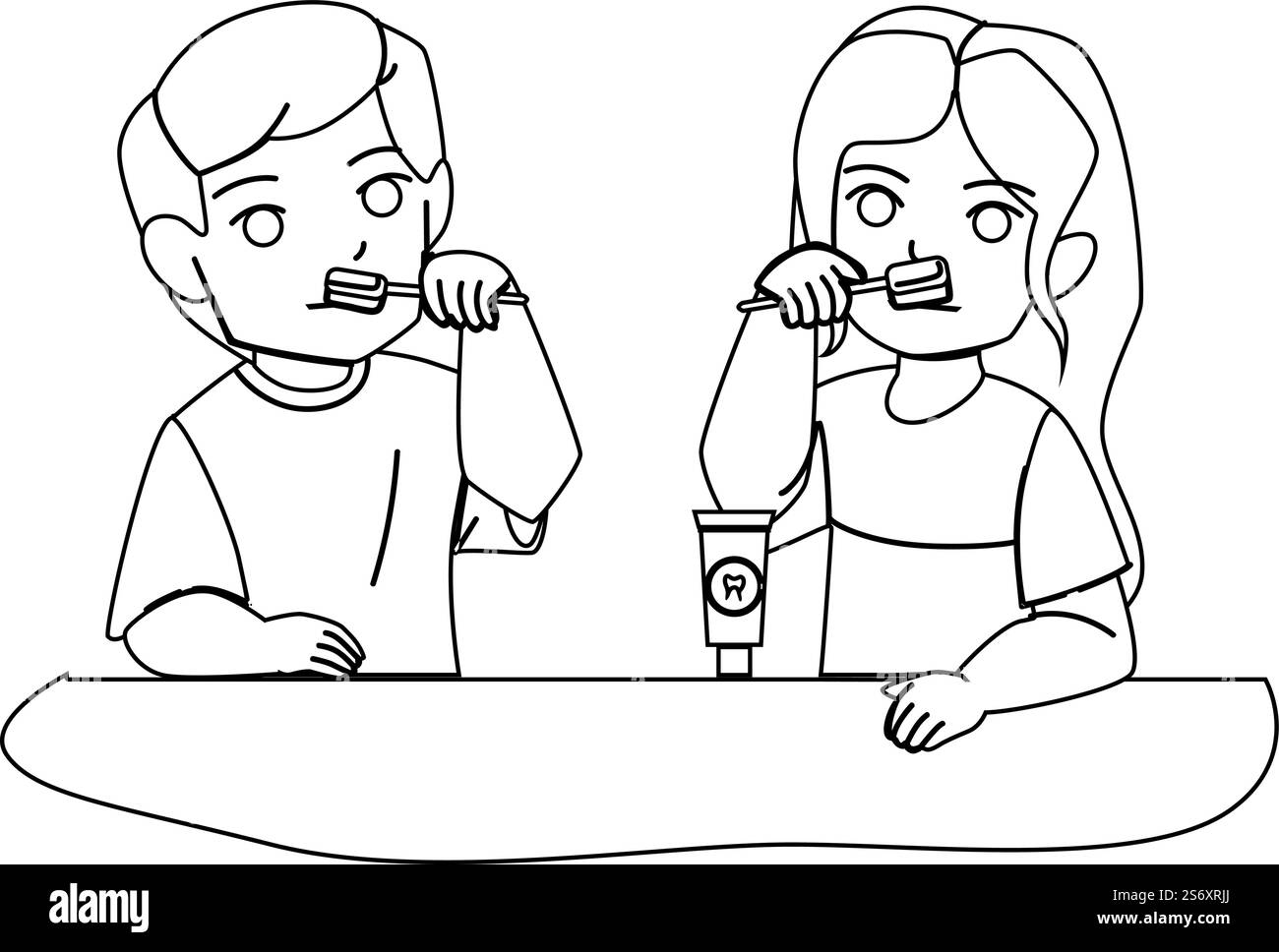 kid boy girl brushing teeth vector. toothbrush kindergarten, dental ...