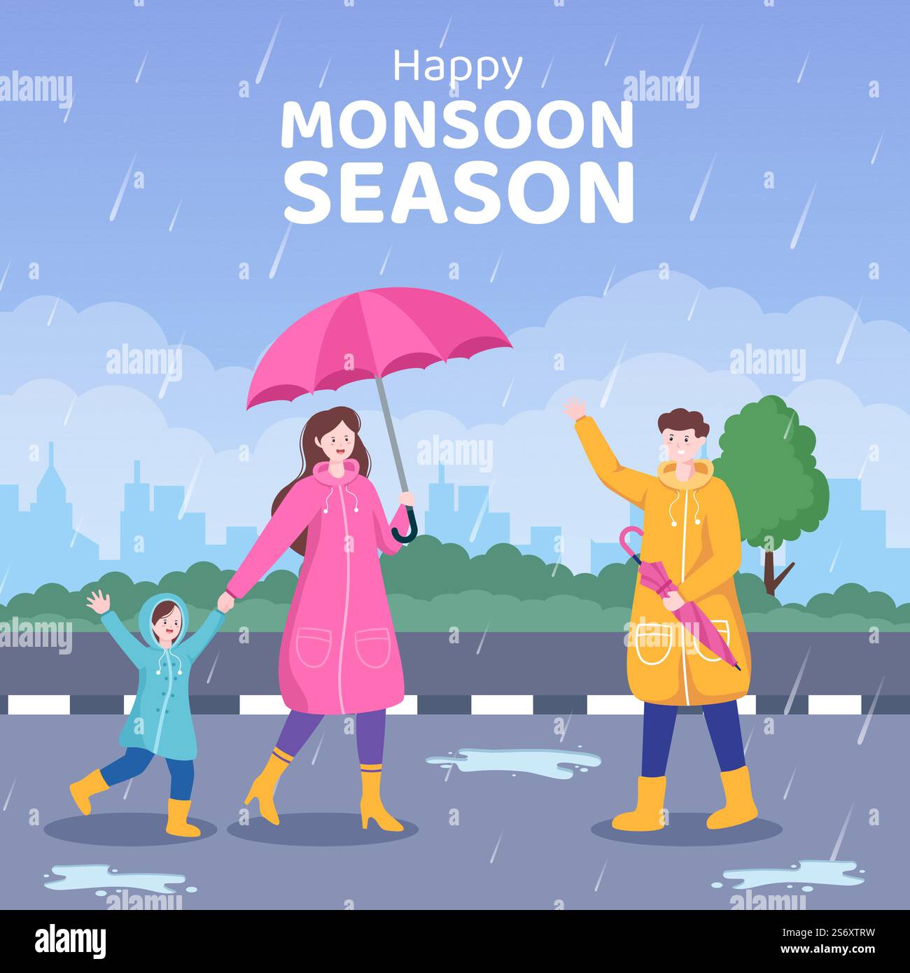 Monsoon Season Social Media Template Flat Cartoon Background Vector ...