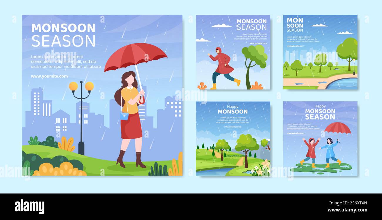 Monsoon Season Social Media Post Template Flat Cartoon Background ...