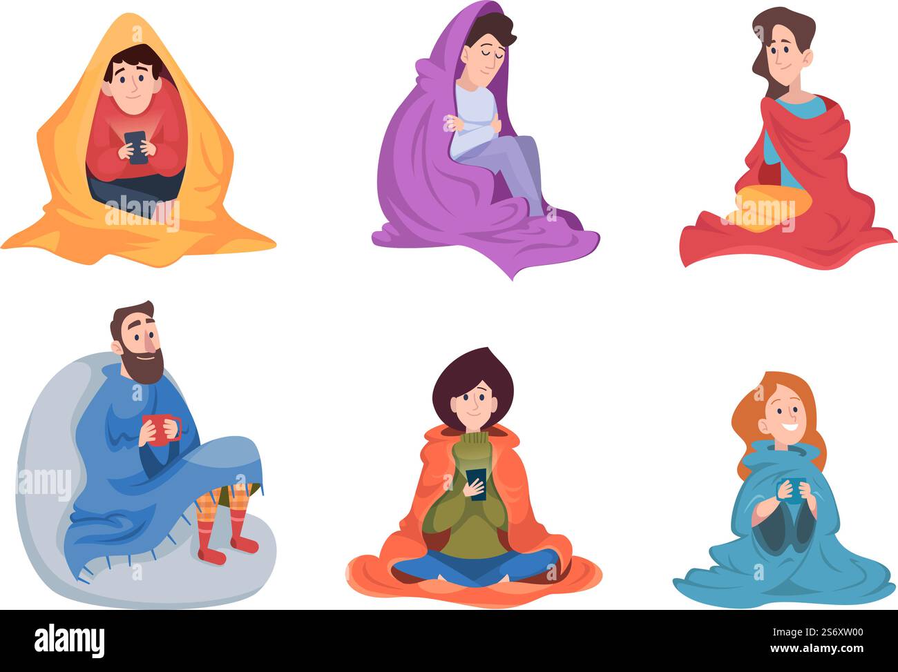 People under blanket. Covered person couples and lonely sick characters ...