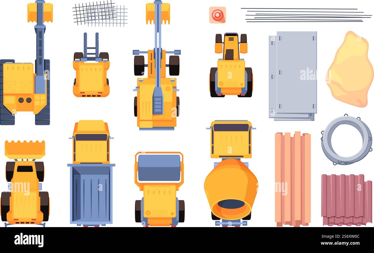 Heavy cars top view. Yellow excavation trucks for builders bulldozer ...