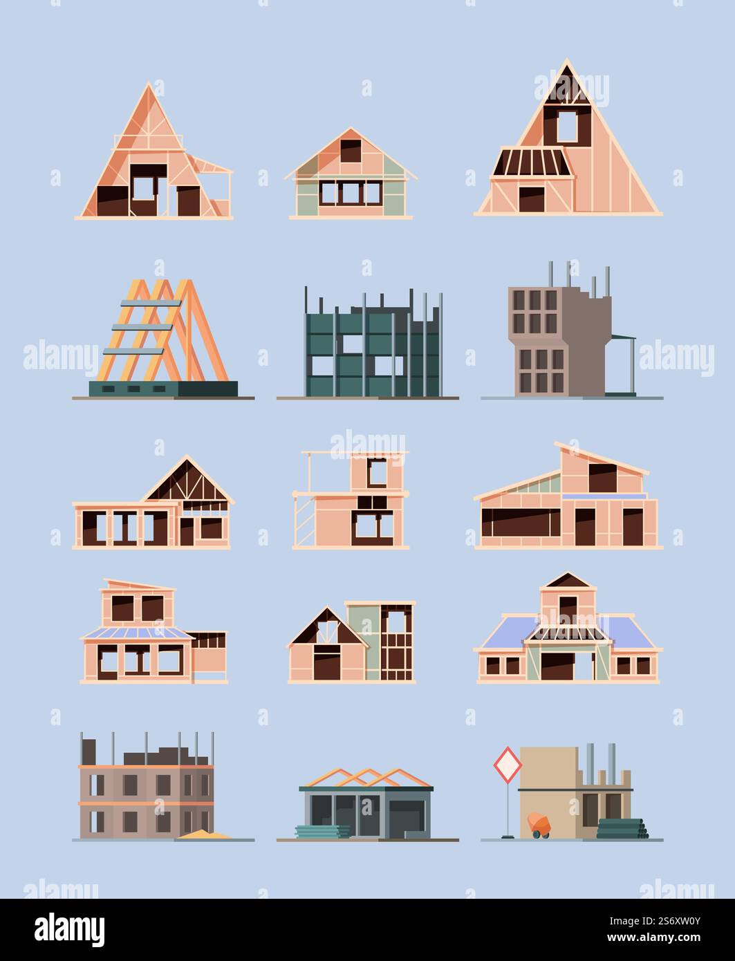 Building construction stages. Modern exterior wooden and brick roofing ...