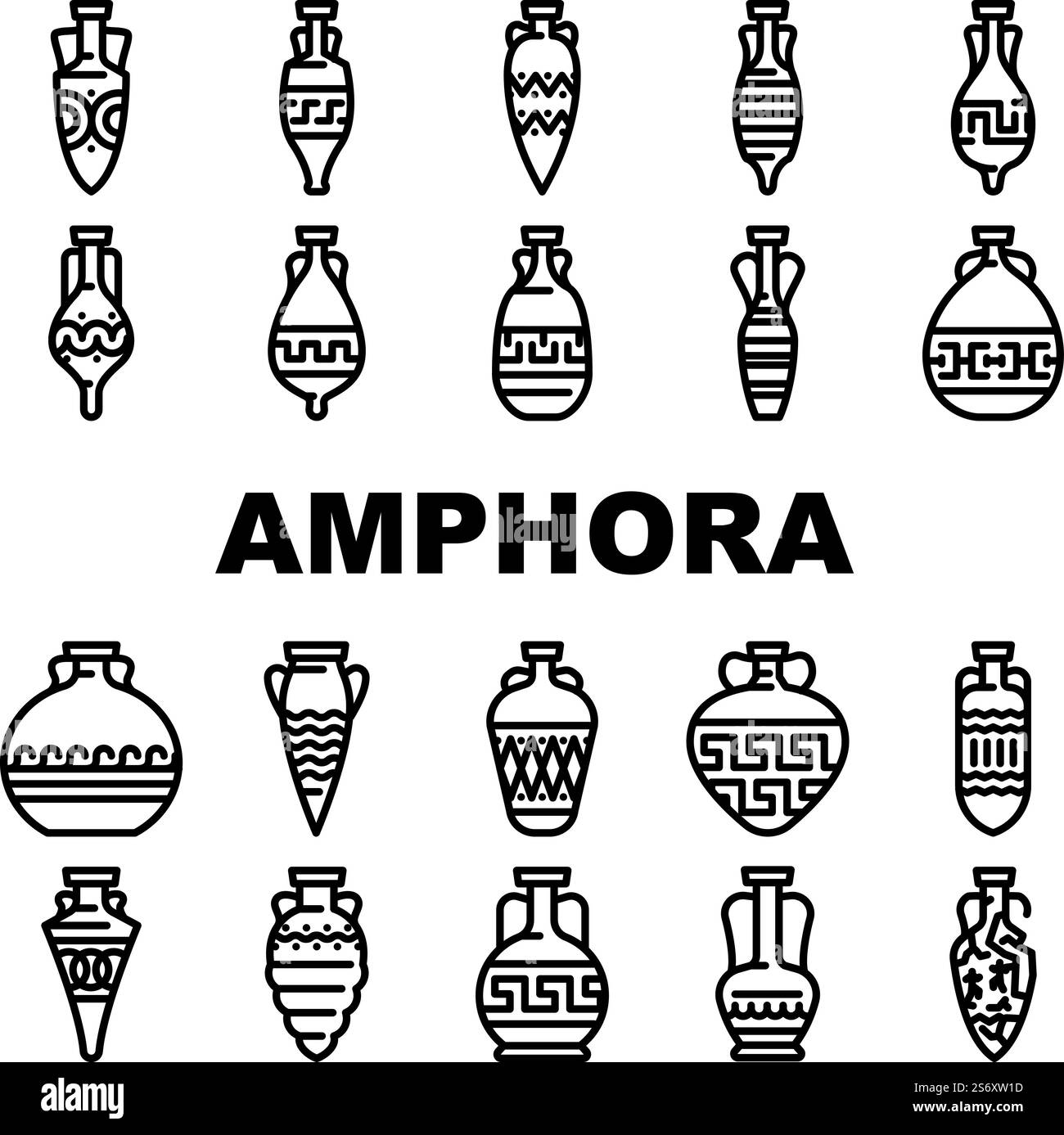 Amphora Antique Earthenware Jar Icons Set Vector. Greek Traditional ...