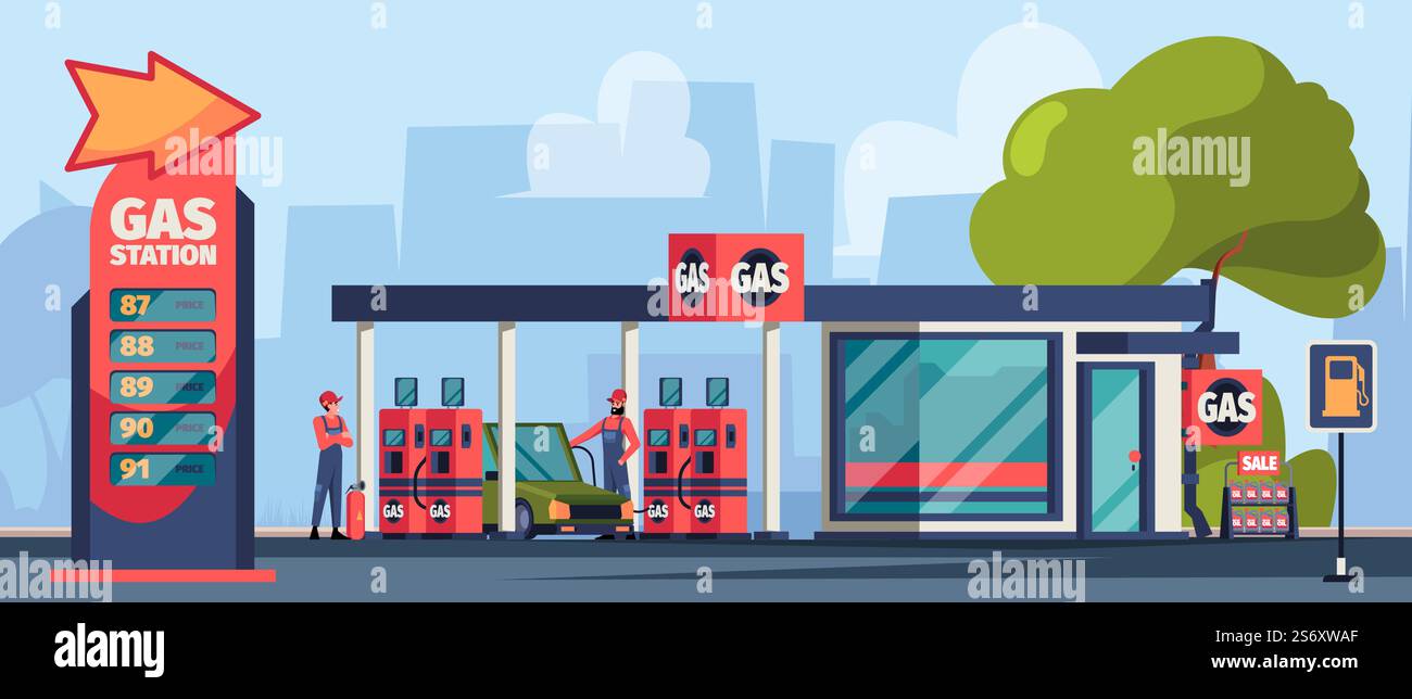 Gas station background. Refuel service workers standing near car pump ...