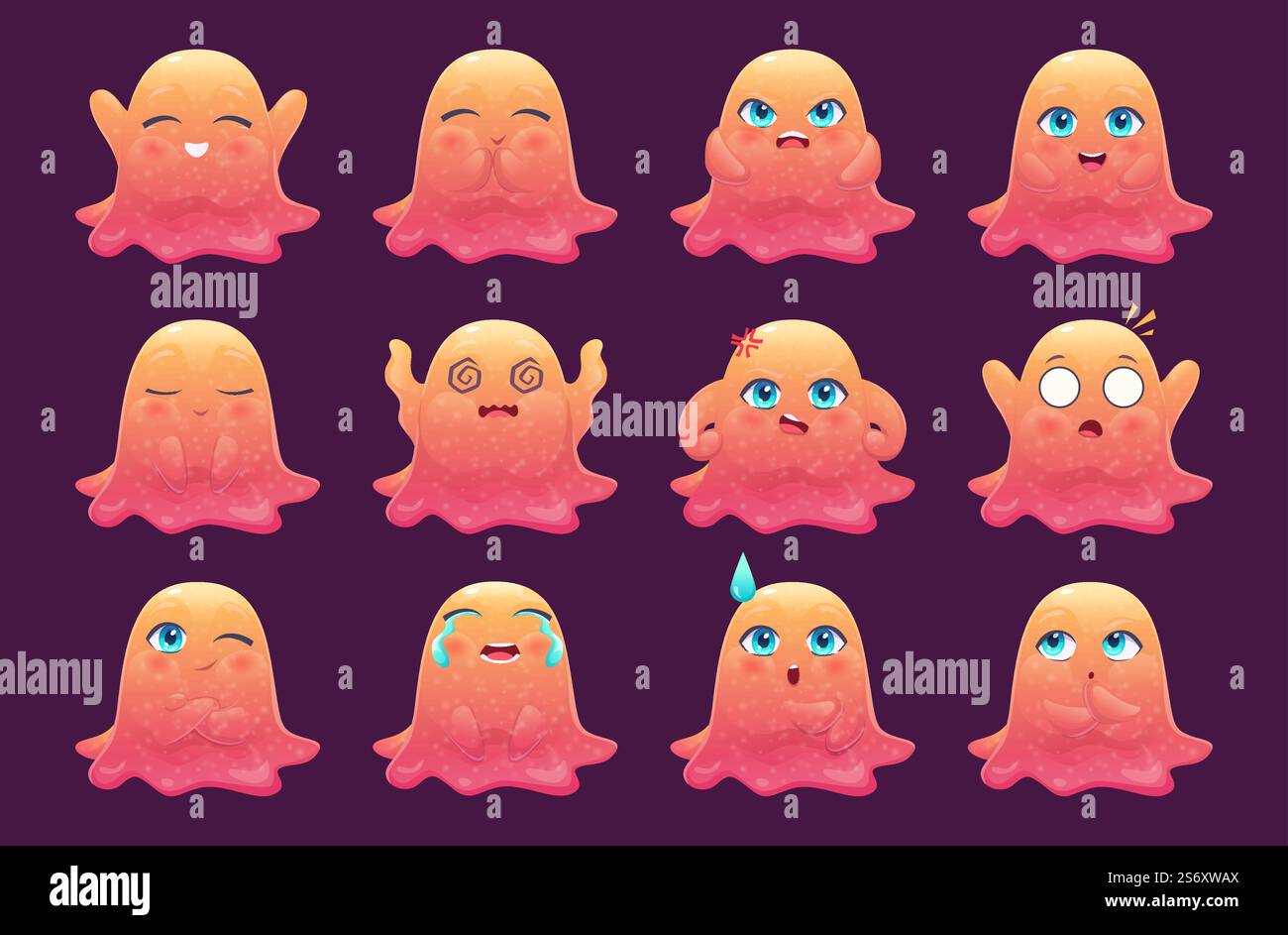 Slime creatures. Jelly cute characters with big funny eyes different ...