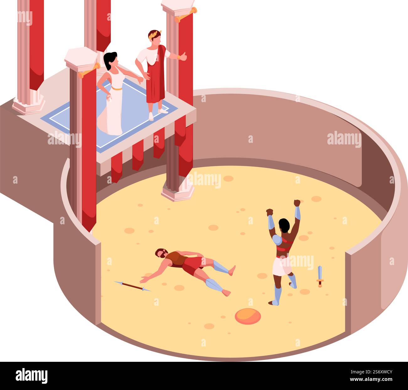 Colosseum battle. Gladiator fighters with weapon fighting on round ...