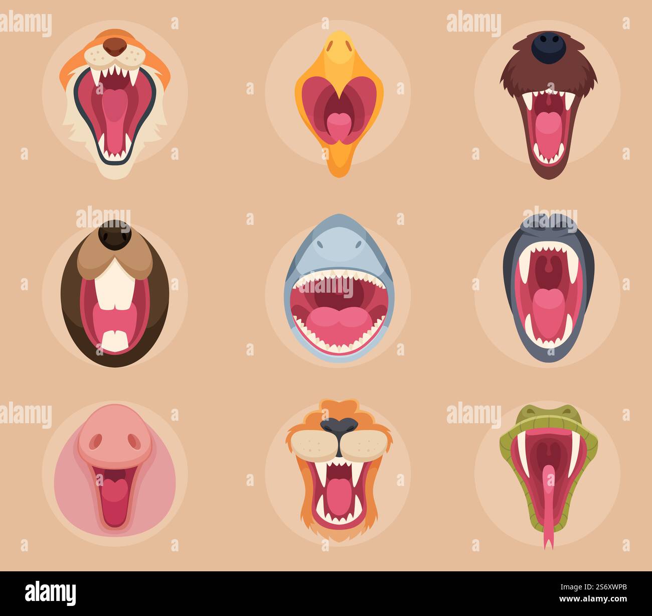 Animals mouth. Teeth and tongue of angry wild animals snakes cute bear ...