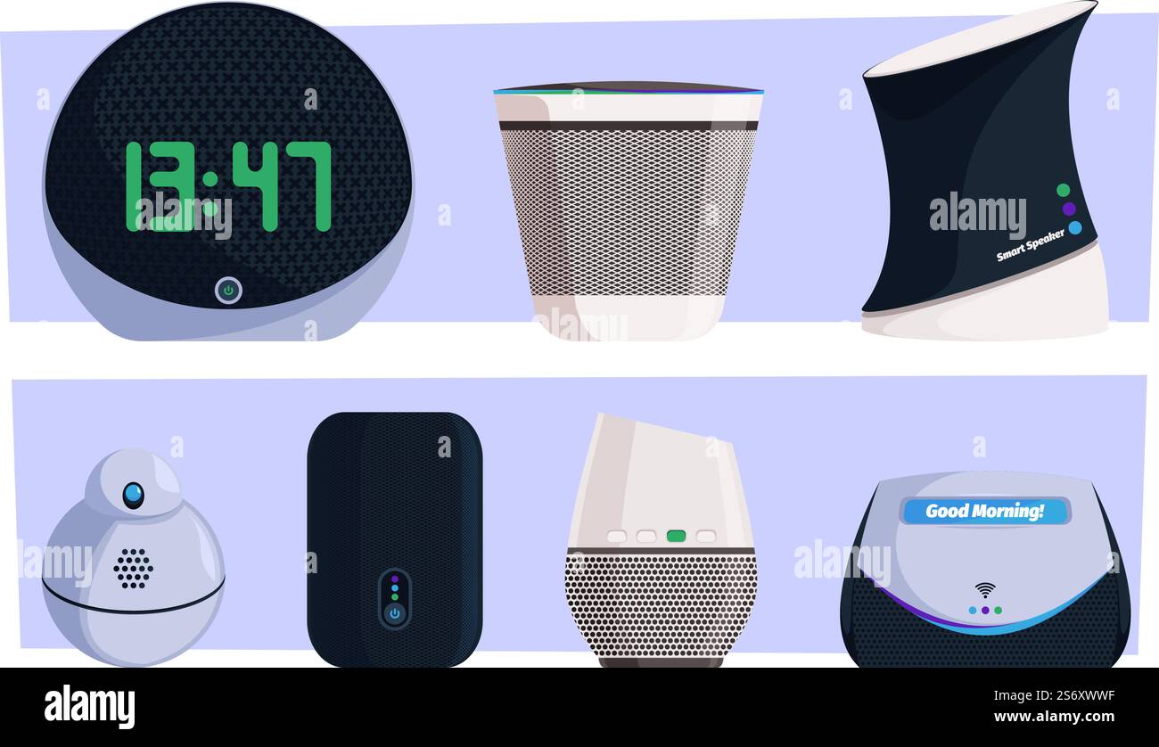 Smart speaker. Sound music and voice controllers with network connection devices garish vector ...