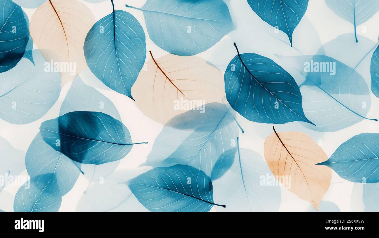 Overlapping leaves with vibrant blue and warm tones in a minimalist ...