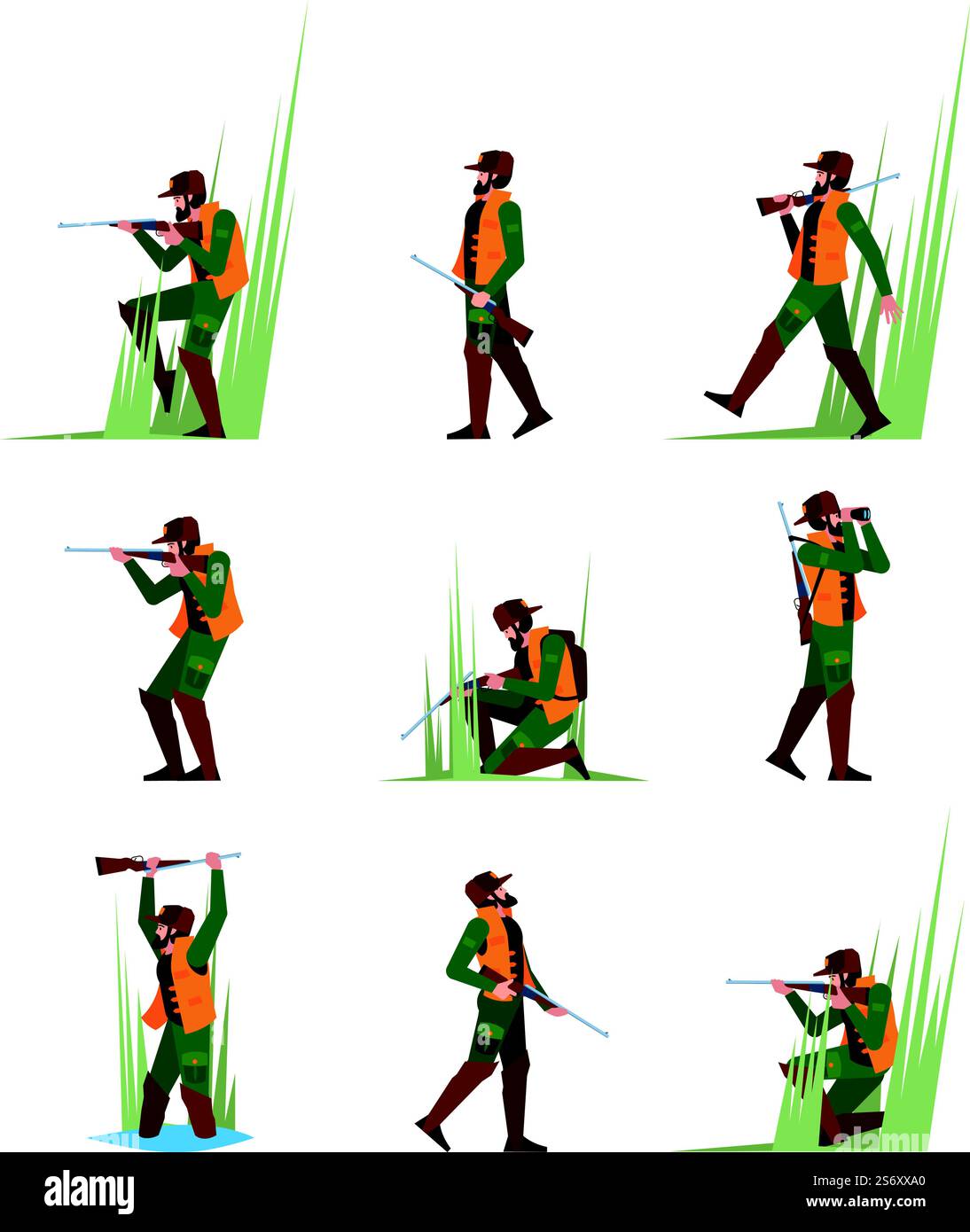 Hunter with rifle. Shotgun man hunting standing in action poses holding ...