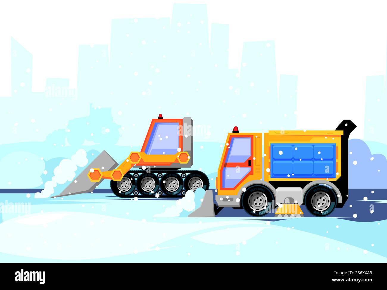 Snow cleaning city. Plowed snow blizzard urban services special vehicle ...