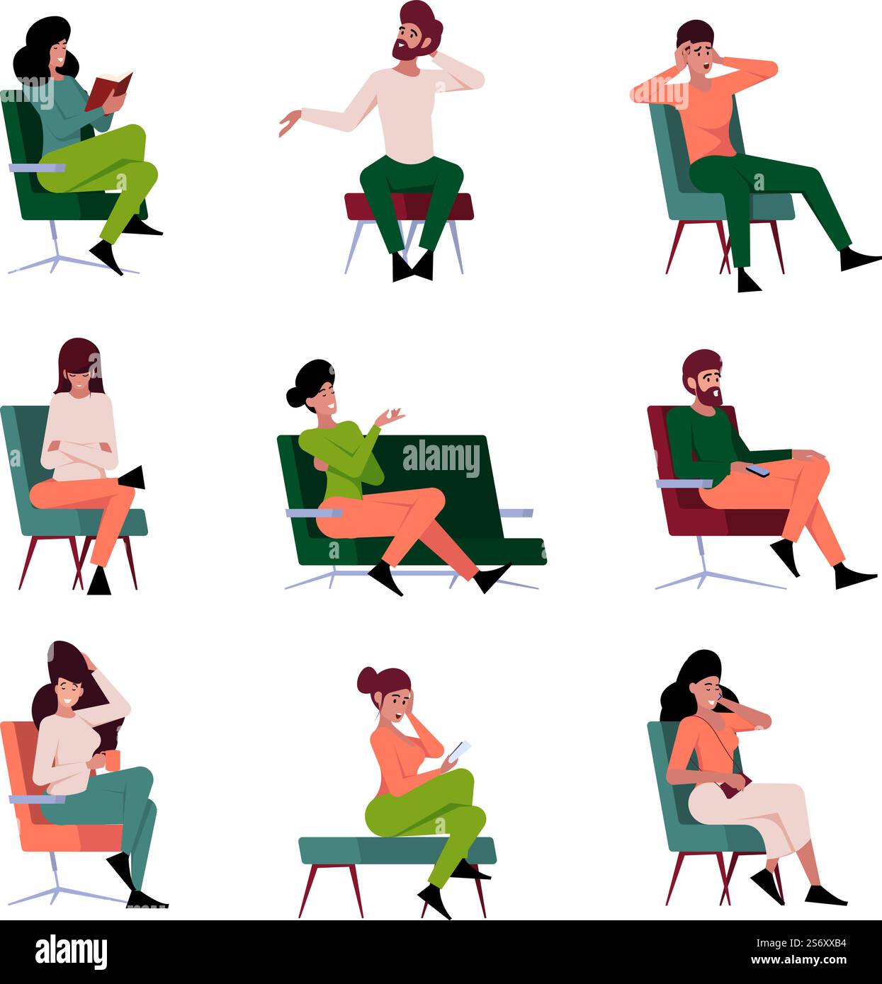 Sitting characters. People in various poses sitting on chairs and ...