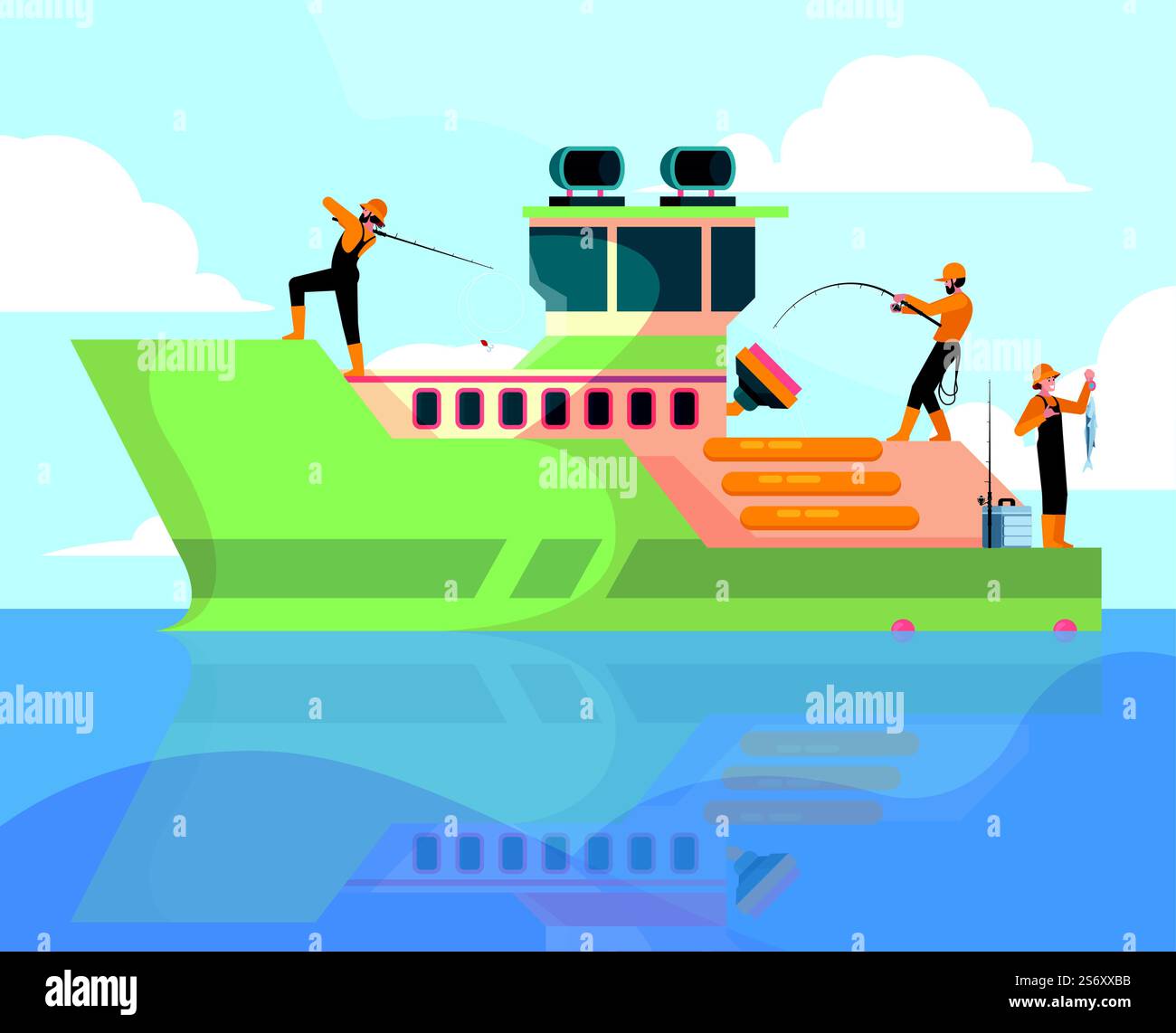Fishing vessel background. Sailors characters outdoor hobby activities ...