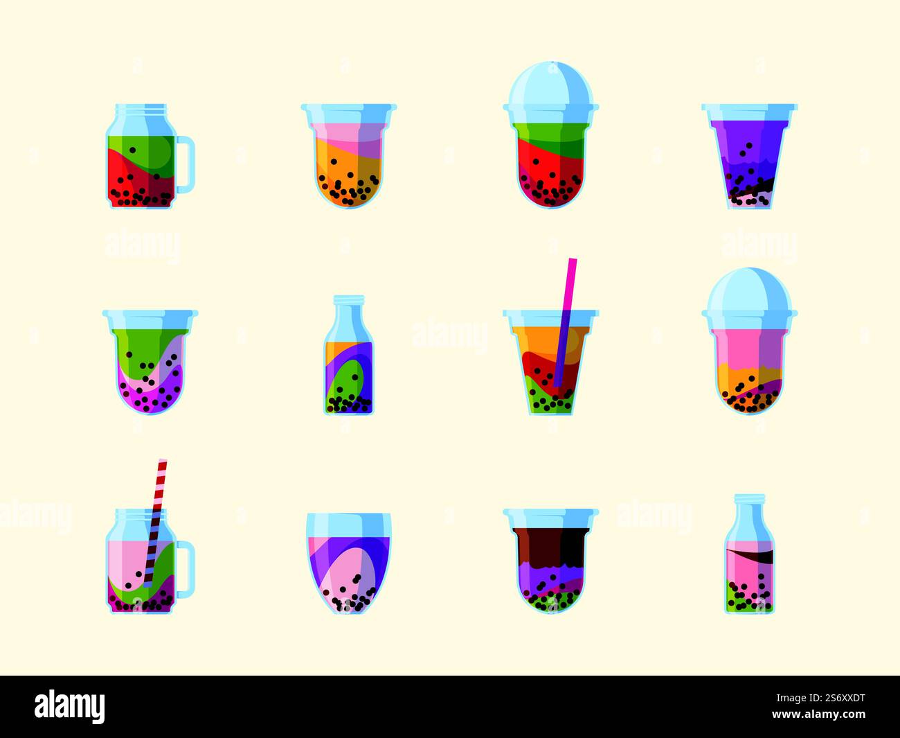 Bubble tea. Drinking liquids beverage cocktails from milk and pearls cold tea garish vector ...