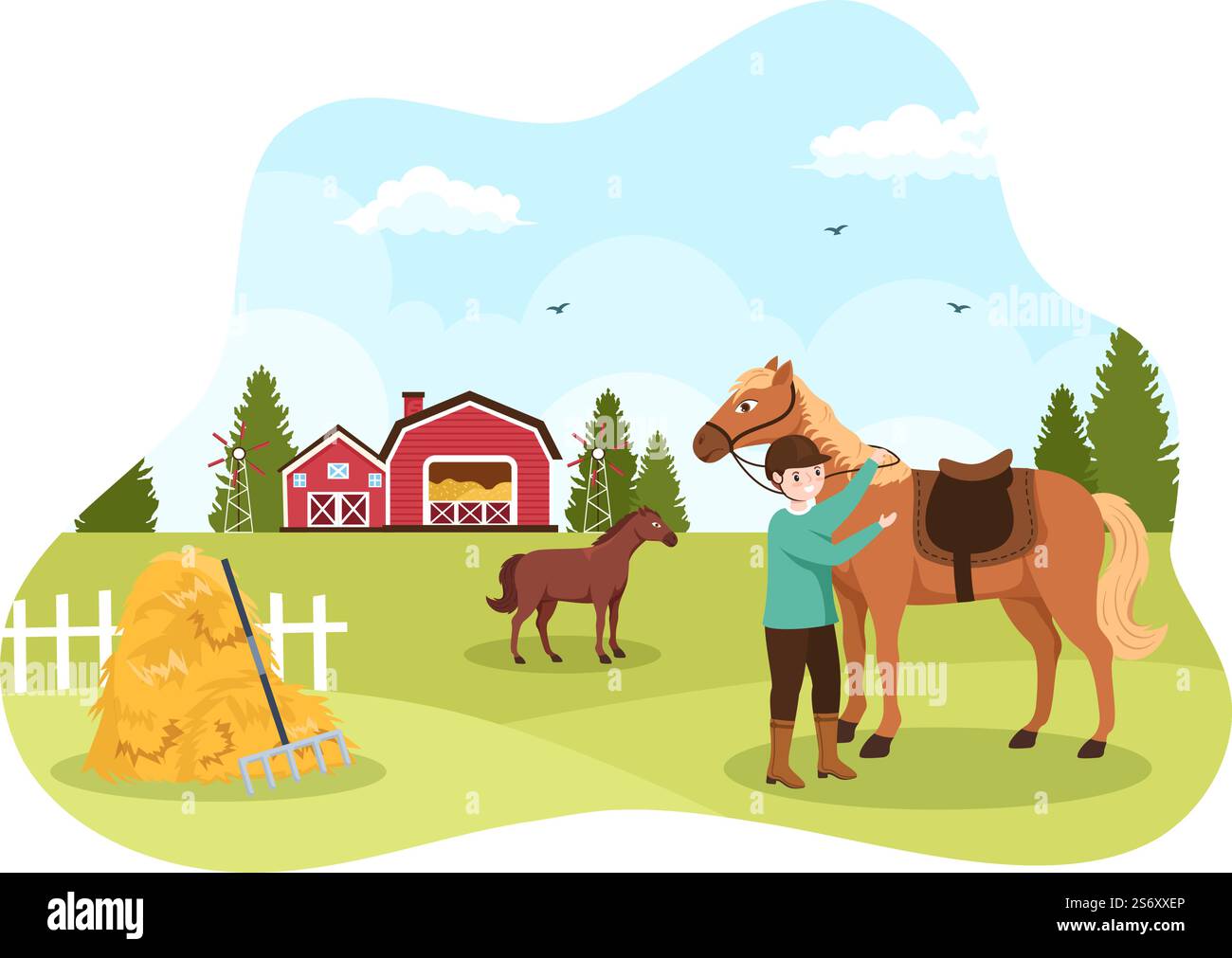 Horse Riding Cartoon Illustration with Cute People Character Practicing ...