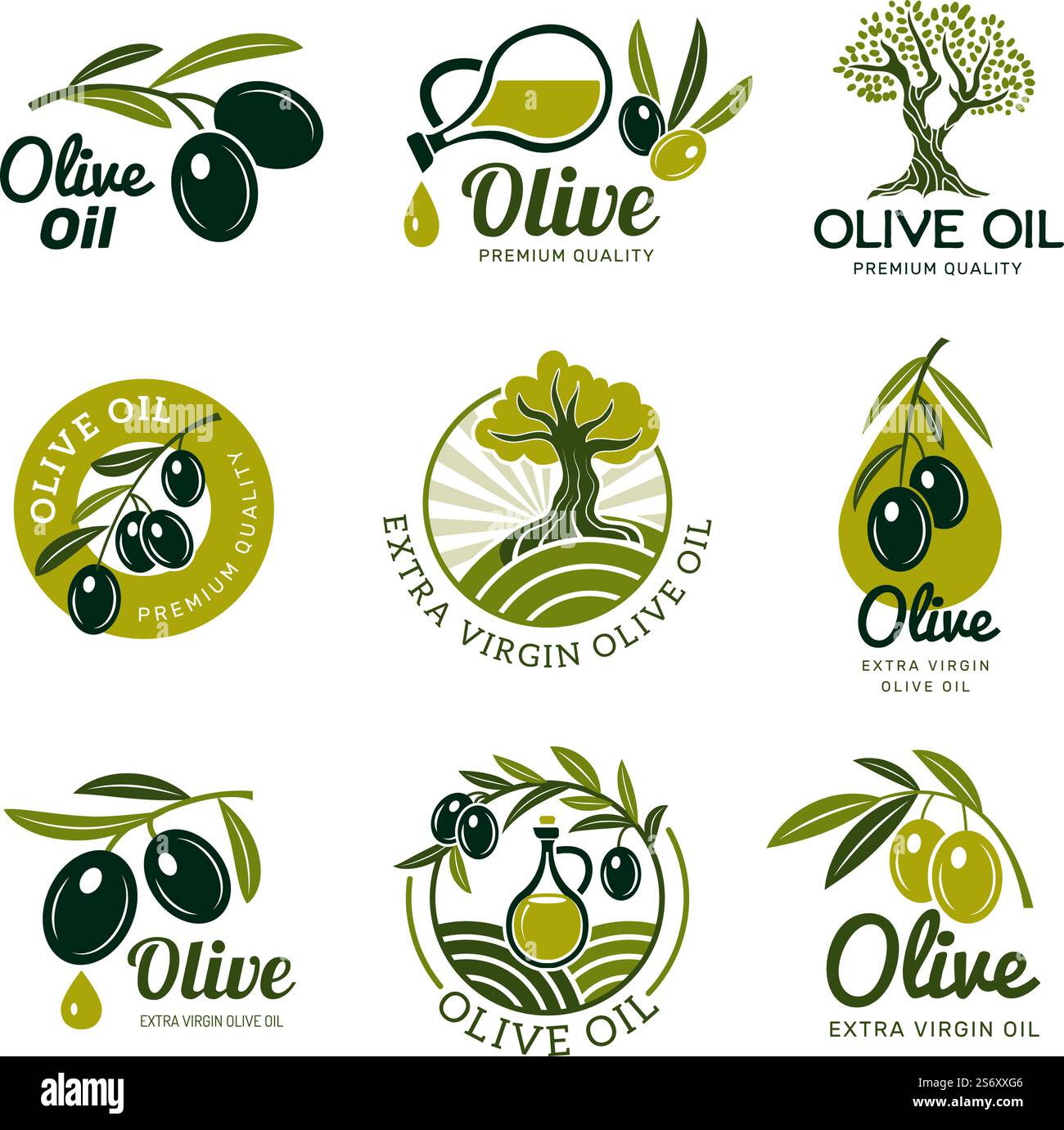 Olive badges. Healthy natural products vegetable logo planting leaves ...