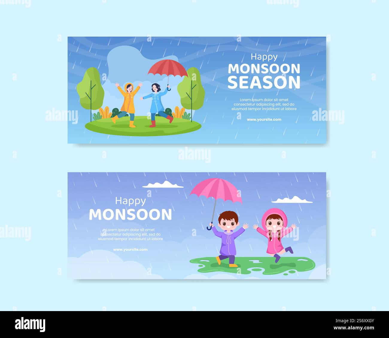 Monsoon Season Social Media Banner Template Flat Cartoon Background ...