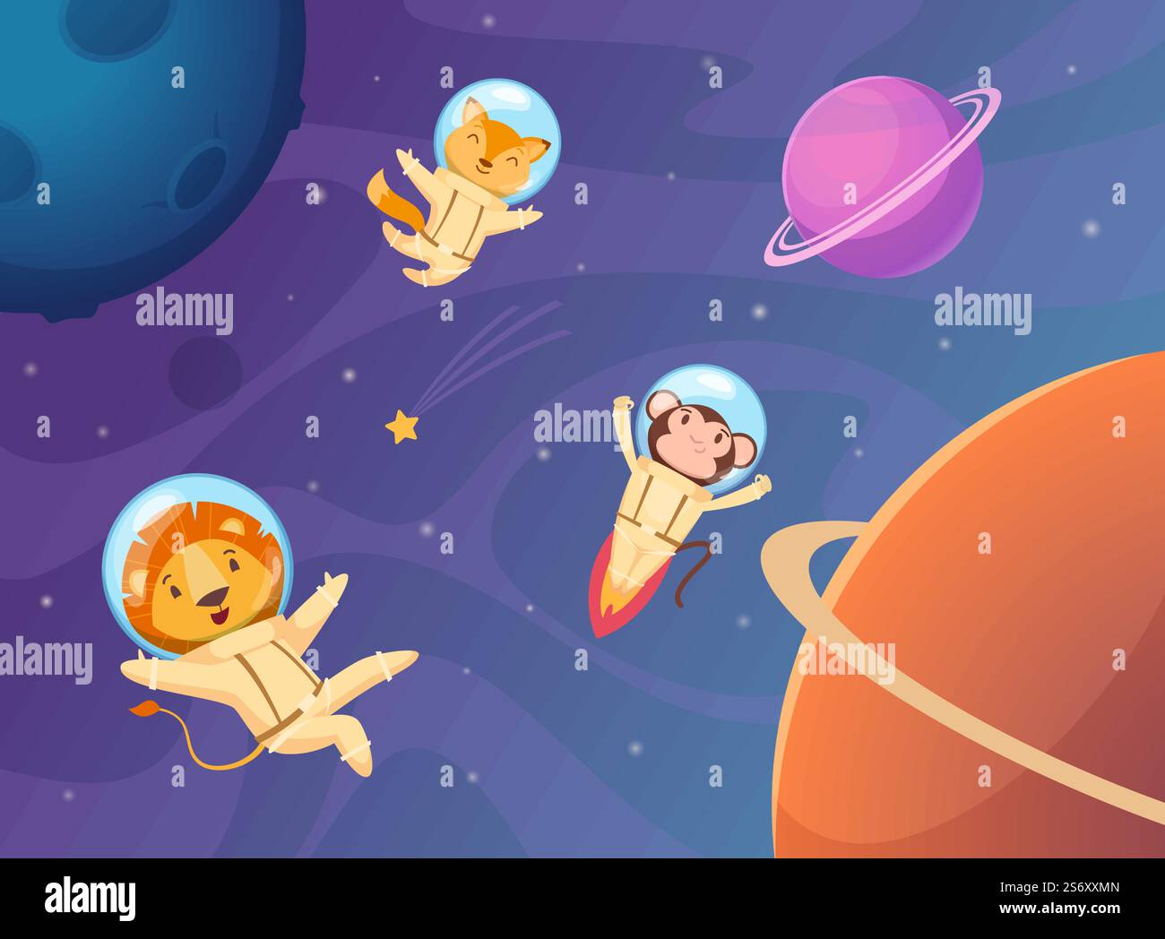 Animals in space. Cartoon funny astronaut travellers in helmet and ...