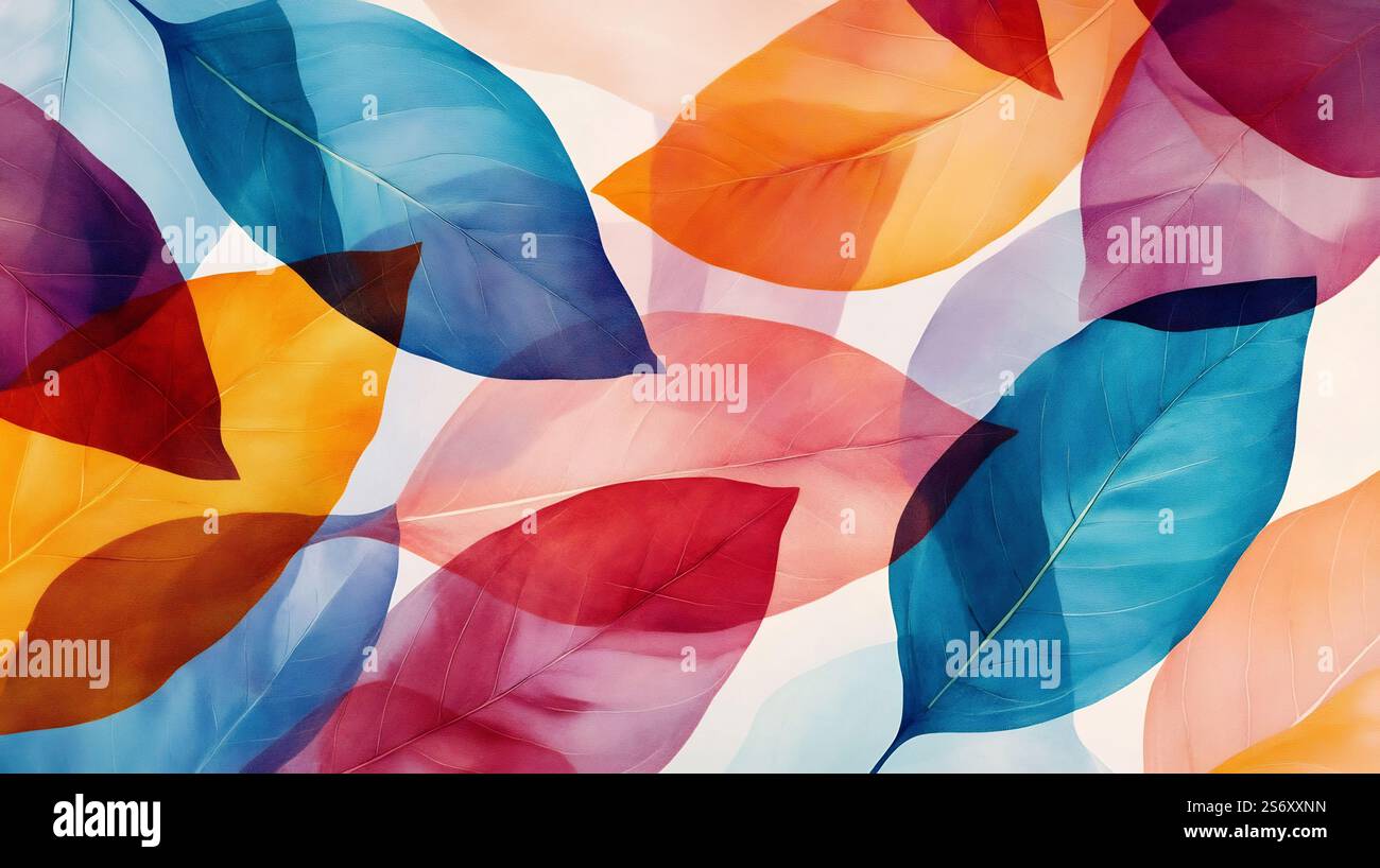 Vibrant botanical shapes and forms intertwined with abstract linear designs,creating a colorful ...