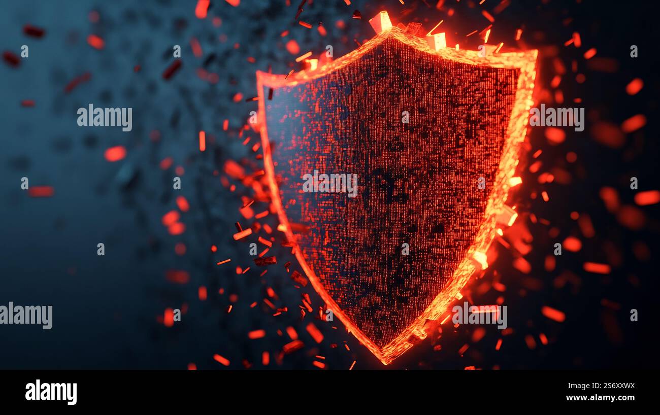 Fiery Digital Shield Breaks Through Cyber Fragments,Representing a ...