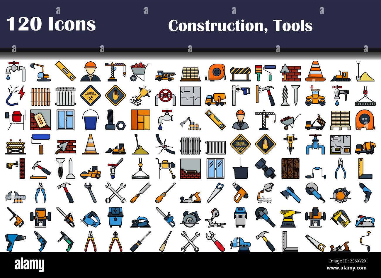 120 Icons Of Construction, Tools. Editable Bold Outline With Color Fill ...