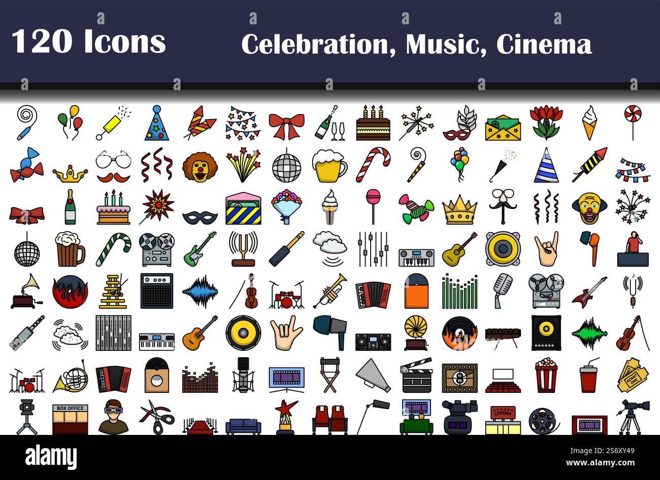 120 Icons Of Celebration, Music, Cinema. Editable Bold Outline With ...